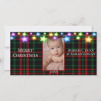 Pretty Red Green Plaid Star Lights Add Photo Holiday Card | Zazzle
