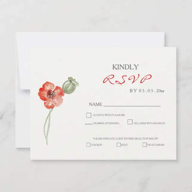 Pretty Red Poppies modern floral wedding RSVP card | Zazzle