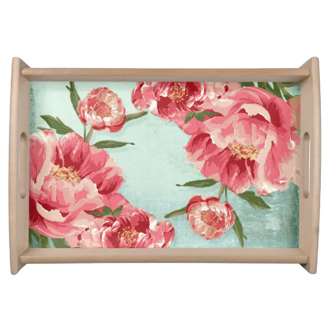 Pretty Retro Flower Chintz Peonies Personalized Serving Tray | Zazzle