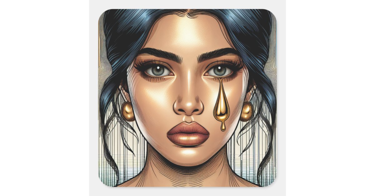 Pretty Sad Woman with Gold Tear Square Sticker | Zazzle