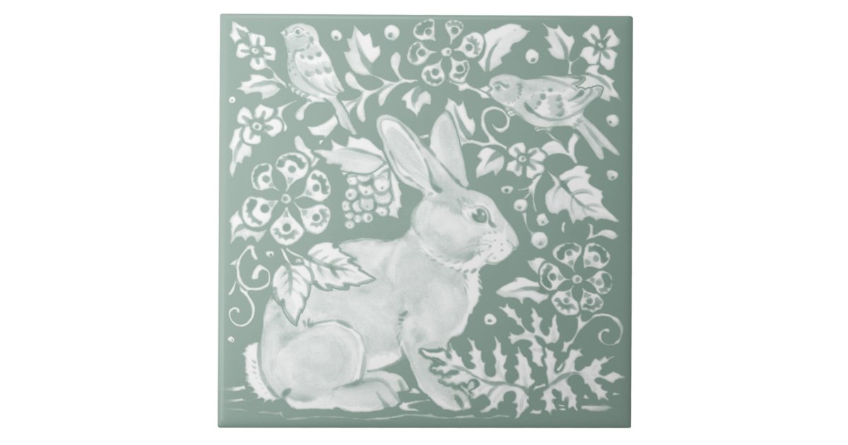 Pretty Sage Green Rabbit Bird Woodland Floral Ceramic Tile | Zazzle