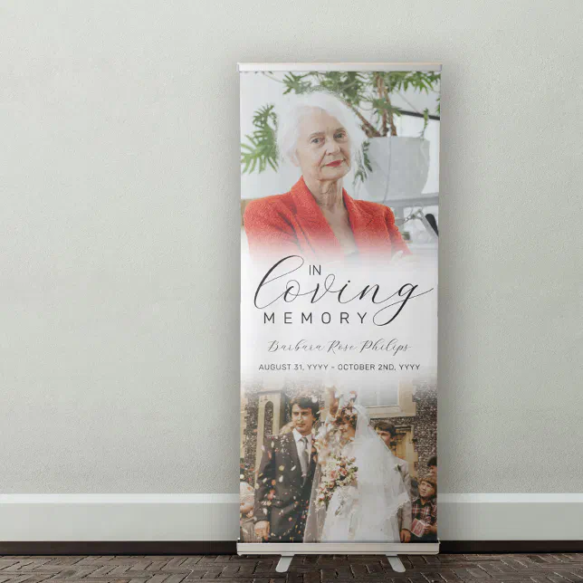 Pretty Script In Loving Memory Two Photos Retractable Banner | Zazzle