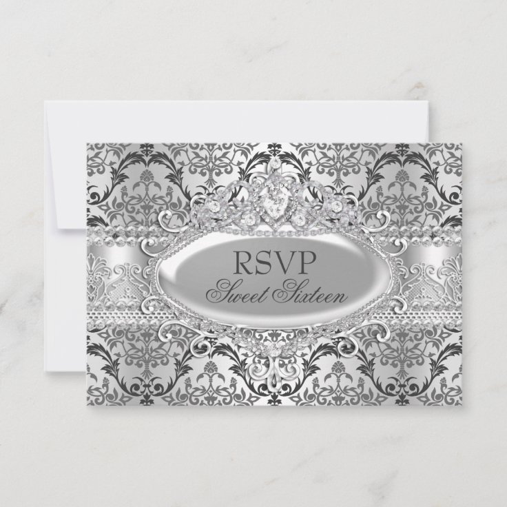 Pretty Silver Damask Sweet 16 RSVP Invitation | Zazzle