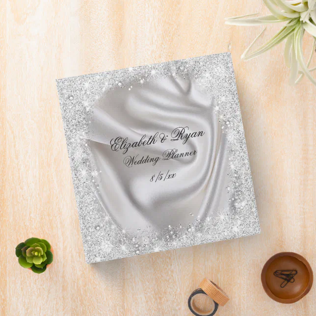 Pretty Silver Glitter and Satin, Custom Wedding Binder | Zazzle