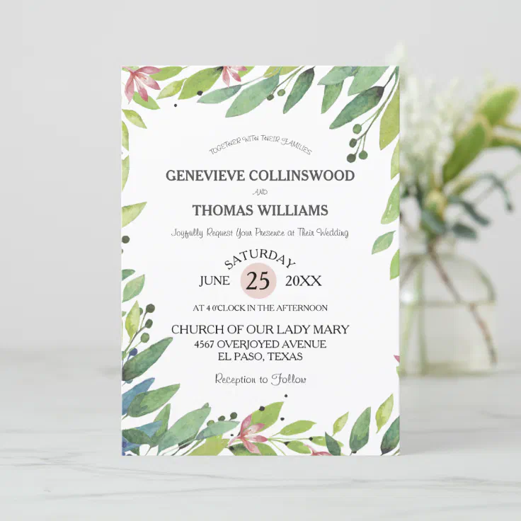 Pretty Spring Botanical Blush Pink Wedding Invitation | Zazzle