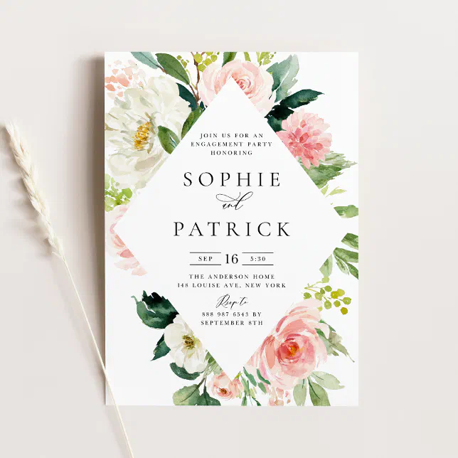 Pretty Spring Floral Frame Engagement Party Invitation | Zazzle
