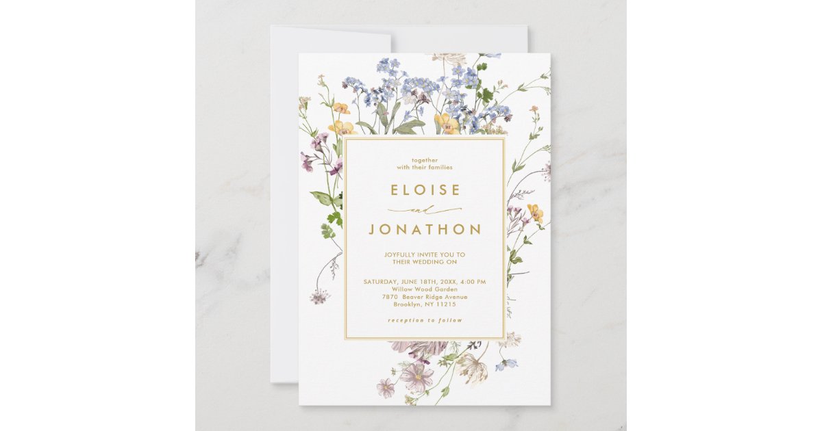 Pretty Spring Wildflower Meadow Gold Chic Wedding Invitation | Zazzle