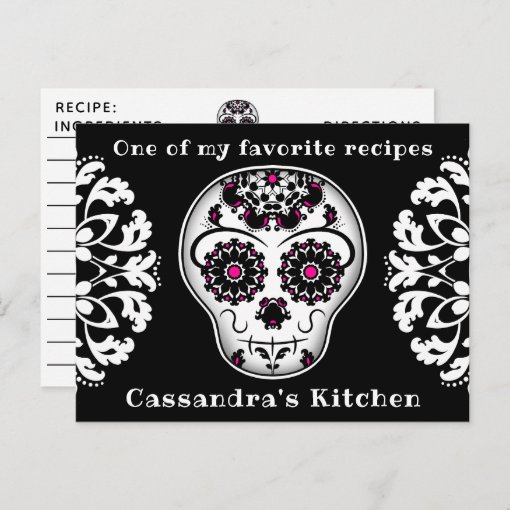Pretty sugar skull recipe postcard | Zazzle