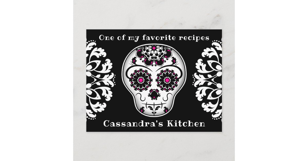 Pretty sugar skull recipe postcard | Zazzle