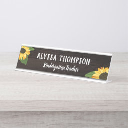 Pretty Sunflowers & Rustic Wood Name Teacher Desk Name Plate | Zazzle