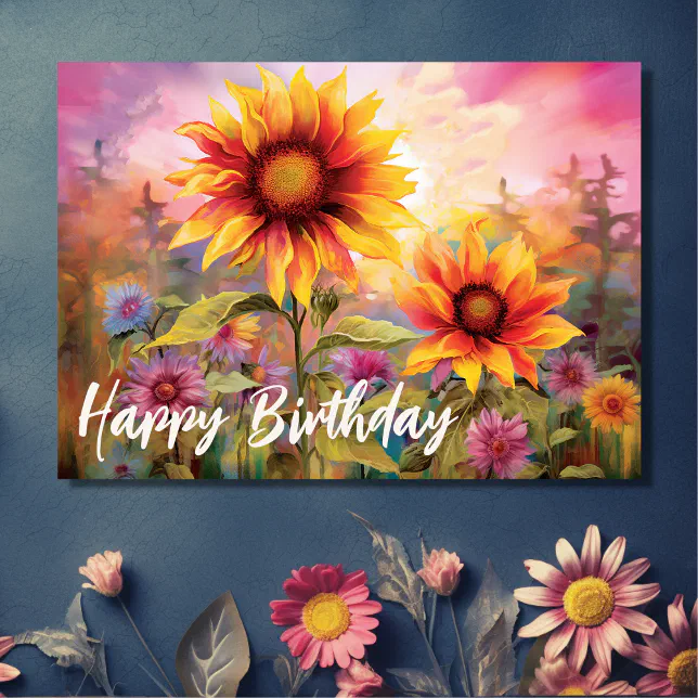 Pretty Sunflowers with Colorful Flowers Birthday Card | Zazzle