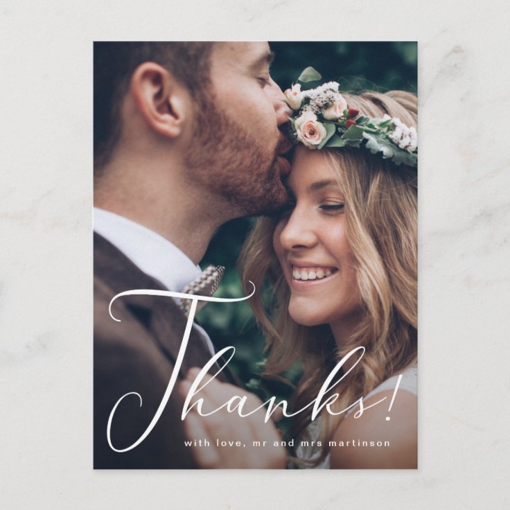 Pretty Thanks Script Photo Wedding Postcard | Zazzle