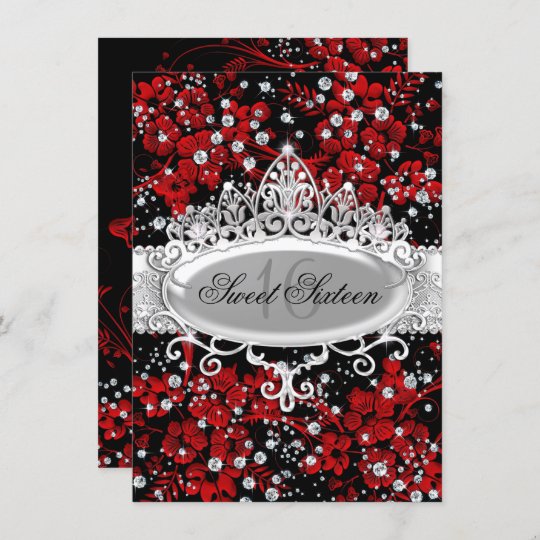 Pretty Tiara & Sparkle Flowers Red Sweet 16 Invitation | Zazzle.com