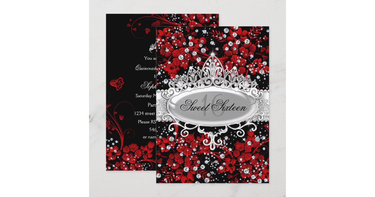 Pretty Tiara & Sparkle Flowers Red Sweet 16 Invitation | Zazzle