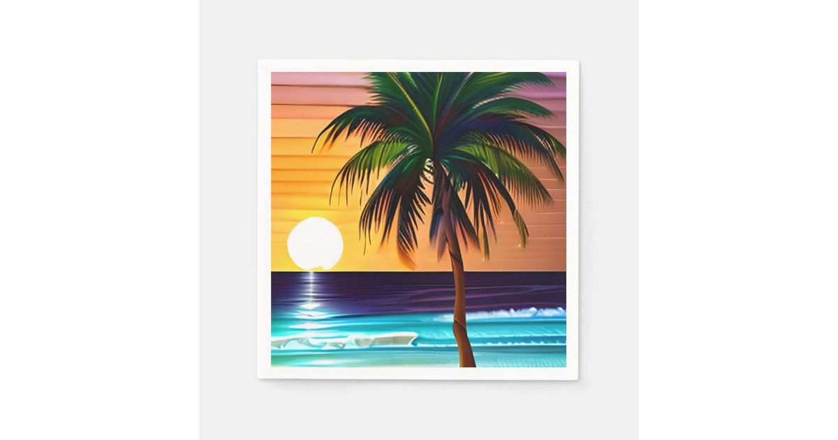 Pretty Tropical Palm Tree and Ocean Sunset Napkins | Zazzle