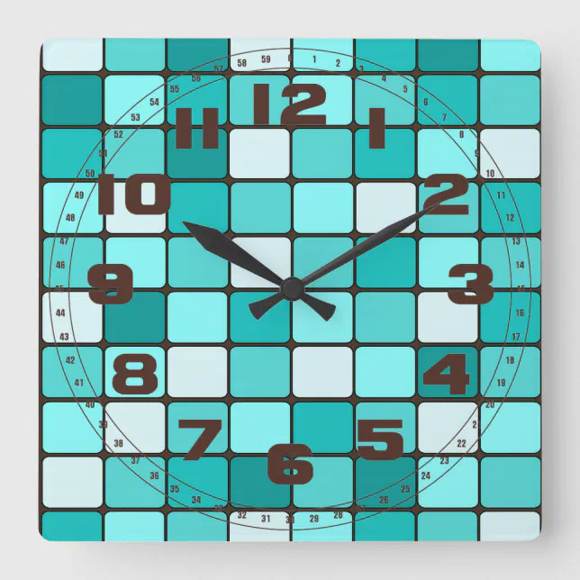 Pretty Turquoise Aqua Teal Mosaic Tile Pattern Square Wall Clock | Zazzle