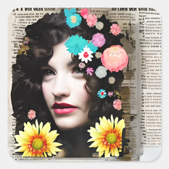 Pretty Victorian Vintage Lady Paper Collage Art Square Sticker | Zazzle