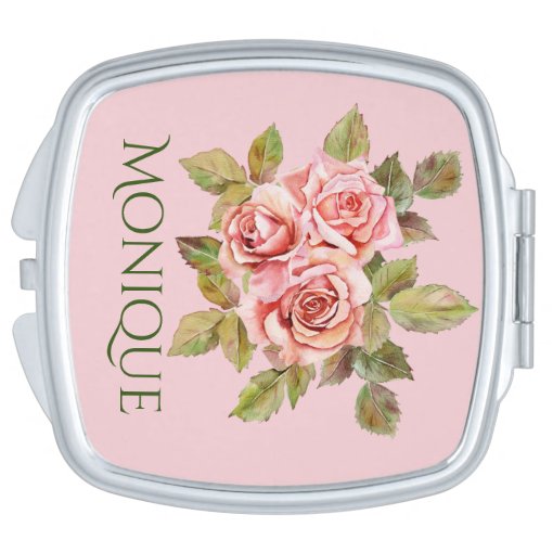 Pretty Vintage Pink Roses Personalized Compact Mirror | Zazzle