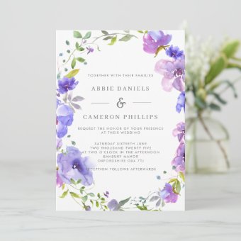 Pretty Violet Floral Wreath Wedding Invitation | Zazzle