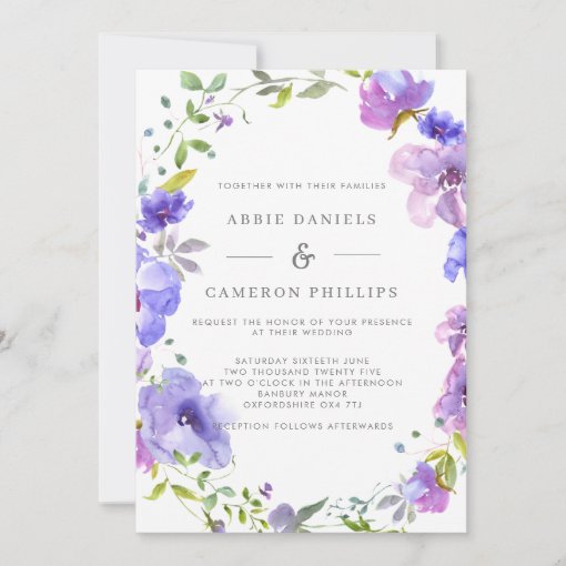 Pretty Violet Floral Wreath Wedding Invitation | Zazzle