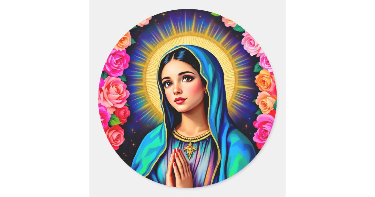 Pretty Virgin Mary with Prayer Hands & Roses Classic Round Sticker | Zazzle