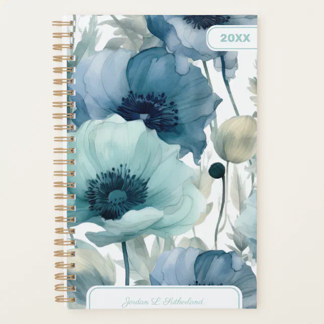 Pretty Watercolor Blue Floral Personalized Logo Planner | Zazzle
