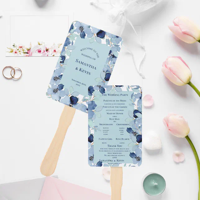 Pretty Watercolor Blue Floral Wedding Program Hand Fan | Zazzle