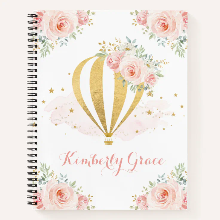 Pretty Watercolor Blush Floral Hot Air Balloon Notebook | Zazzle