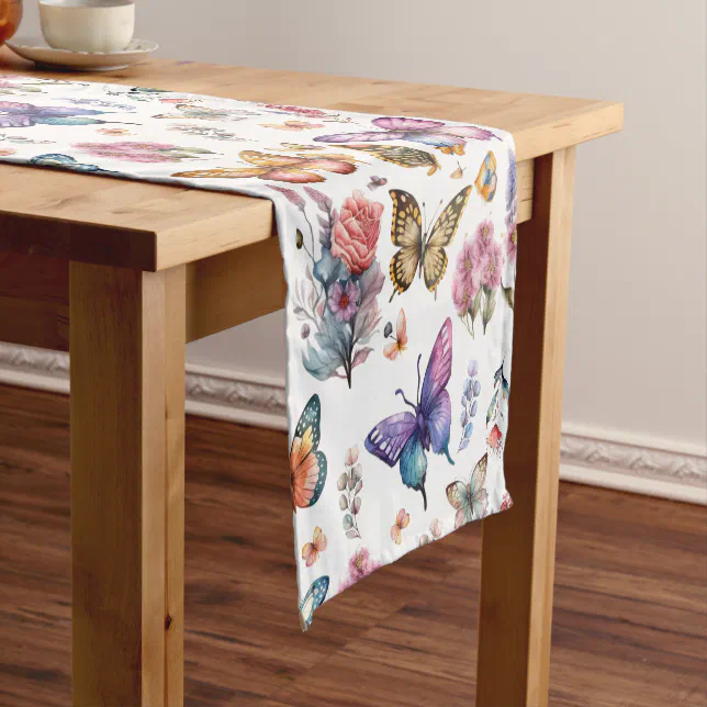 Pretty Watercolor Butterfly Floral Garden Pattern Short Table Runner ...