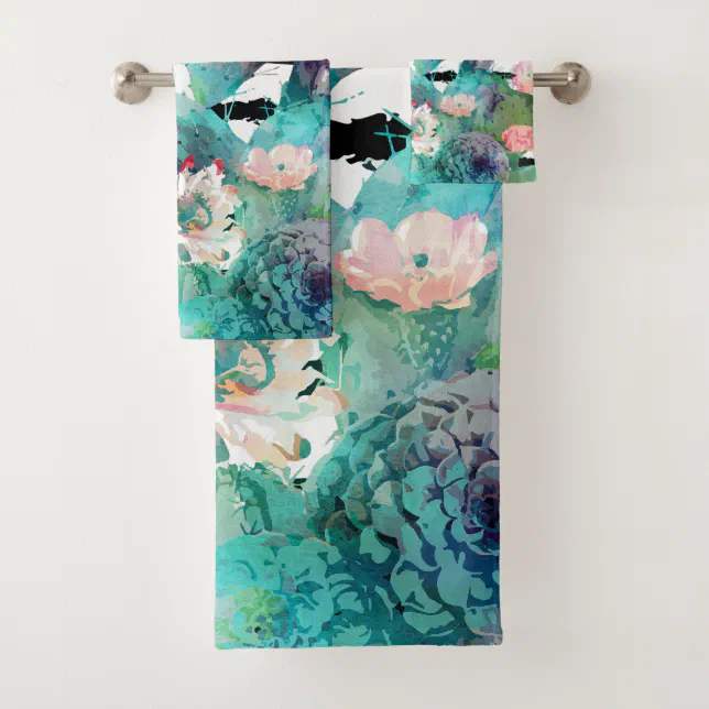 Pretty Watercolor Cactus Floral Black Stripes Bath Towel Set | Zazzle