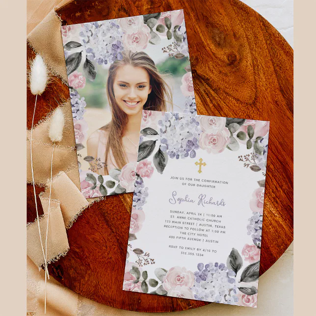 Pretty Watercolor Flowers and Photo | Confirmation Invitation | Zazzle
