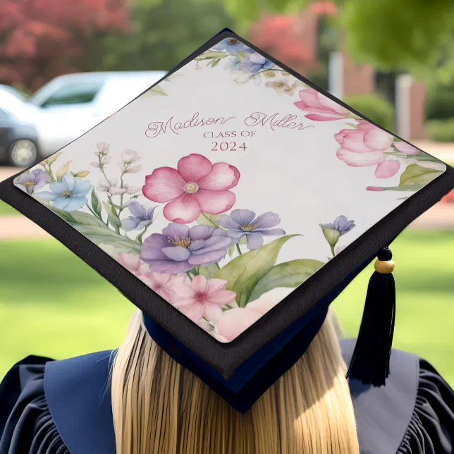 Pretty Watercolor Flowers Pink Blue Purple Floral Graduation Cap Topper ...