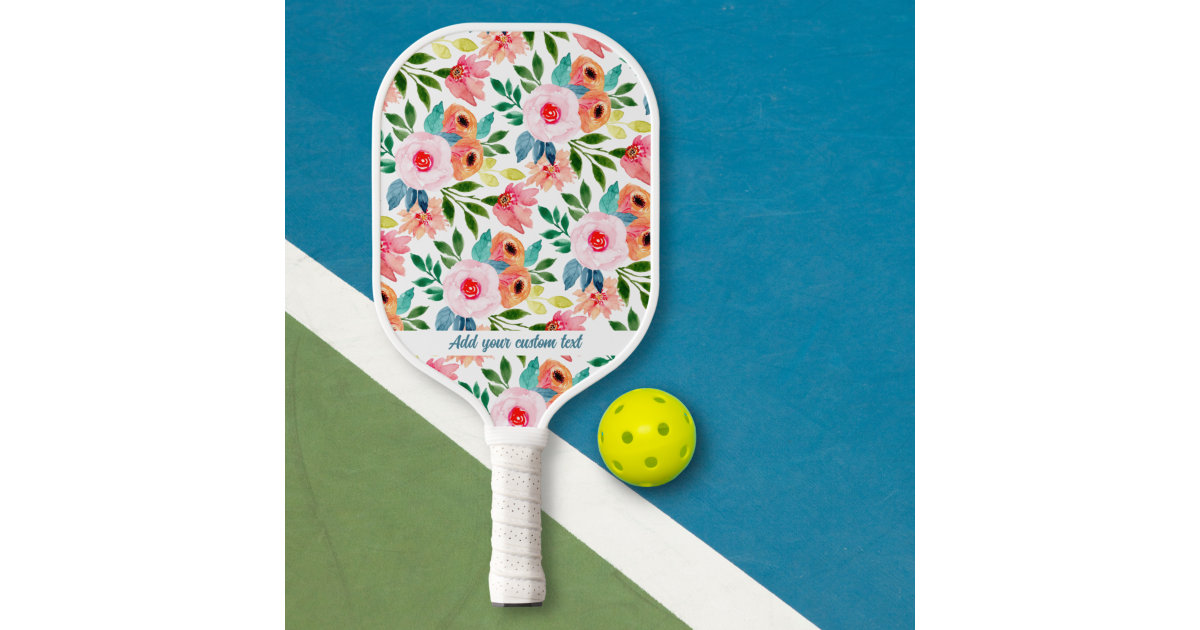 Pretty Watercolor Garden Flowers Custom Text Pickleball Paddle | Zazzle
