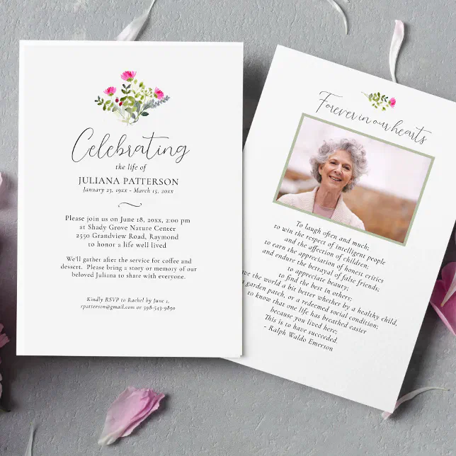 Pretty Watercolor Pink Floral Celebration of Life Invitation | Zazzle