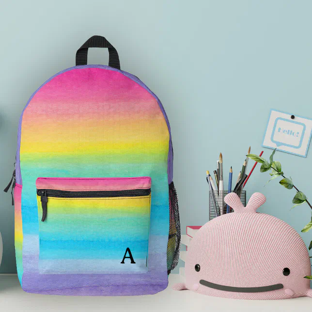 Pretty Watercolor Pink Rainbow Stripes Monogram Printed Backpack | Zazzle