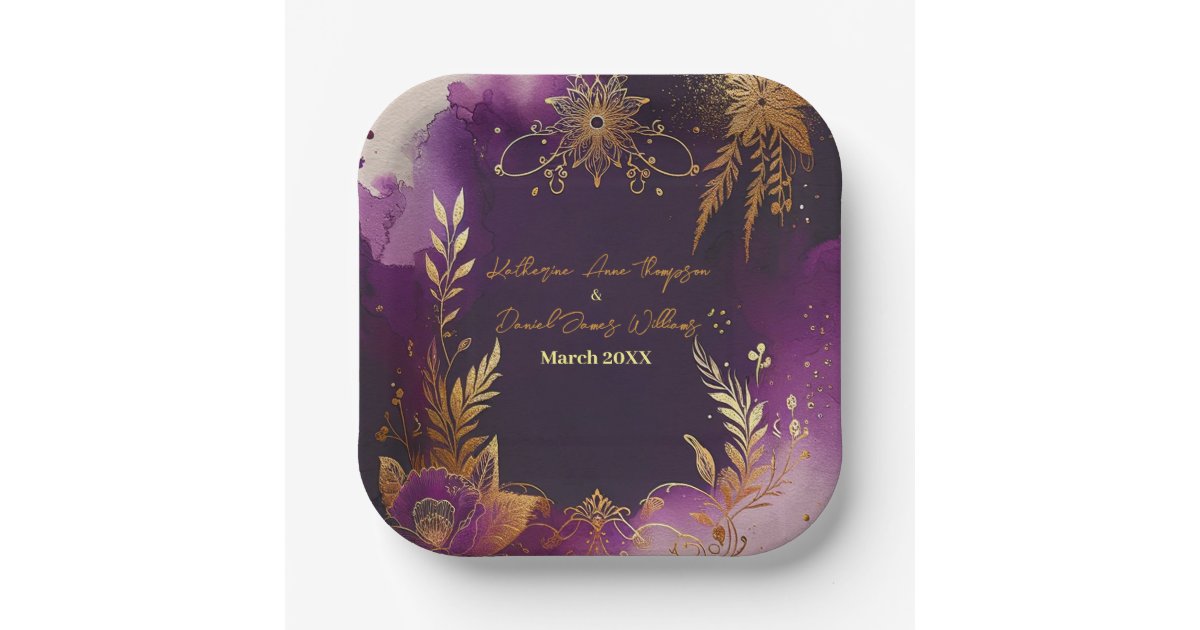 Pretty Watercolor Purple and Gold Floral Wedding Paper Plates | Zazzle