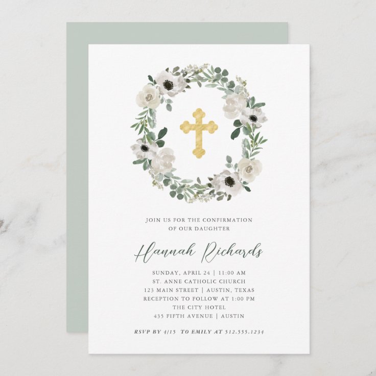 Pretty White Flowers Green Leaves | Confirmation Invitation | Zazzle