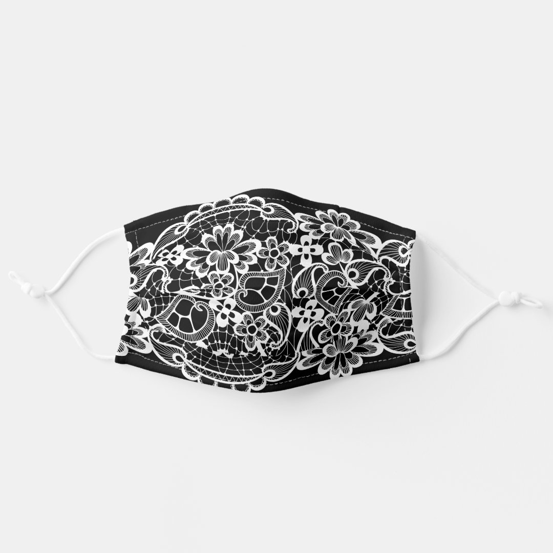 Pretty White Lace Black Background Elegant Adult Cloth Face Mask | Zazzle