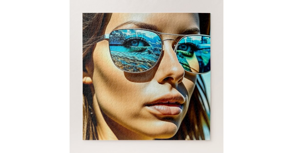 Pretty Woman with Reflection of Beach Sunglasses Jigsaw Puzzle | Zazzle