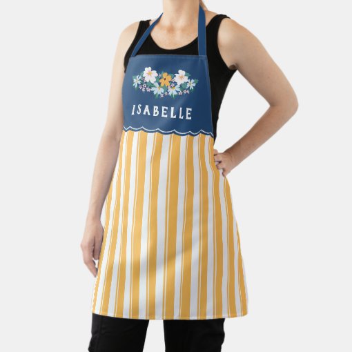 Pretty Yellow Stripes Blue Yellow Flowers Apron | Zazzle