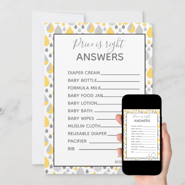 Price is right games Baby Shower grey/ yellow Invitation | Zazzle