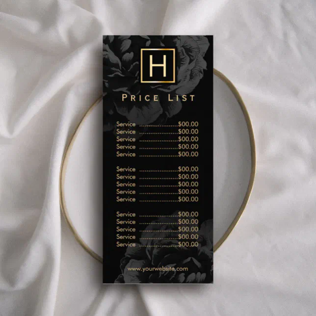 Price List | Gold Monogram Elegant Dark Floral Rack Card | Zazzle