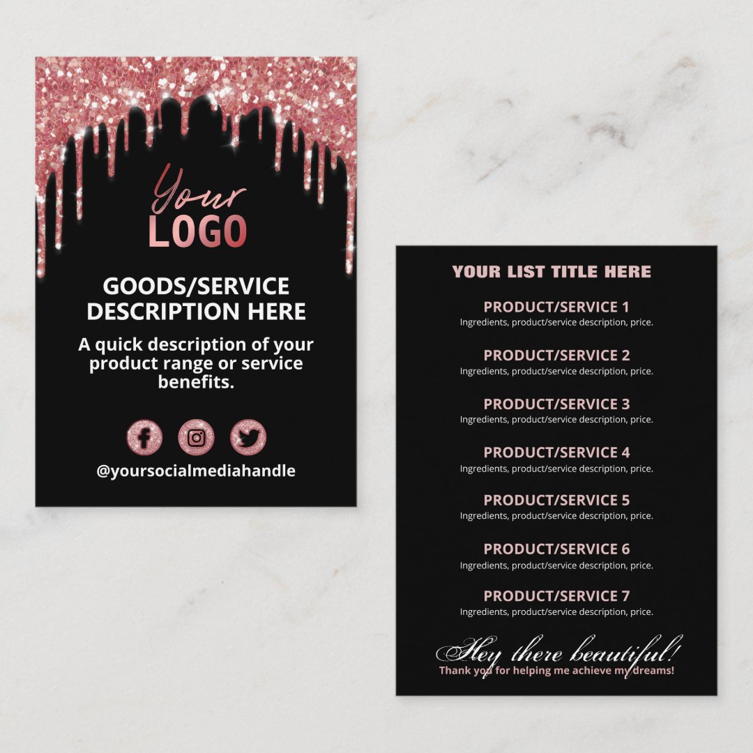 Price List Ingredients Rose Gold GlitterDrips Business Card | Zazzle
