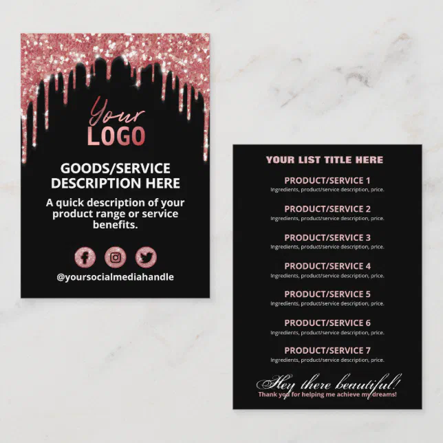 Price List Ingredients Rose Gold GlitterDrips Business Card | Zazzle