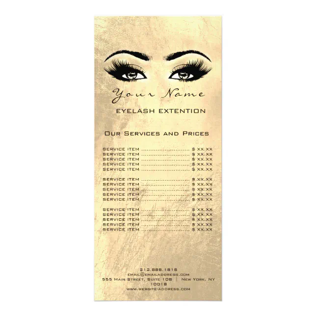 Price List Lashes Extension Makeup Artist Golden Rack Card | Zazzle