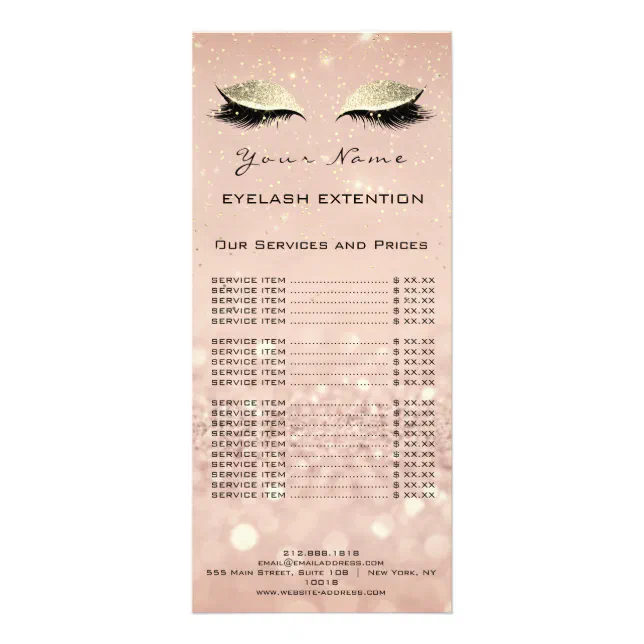 Price List Lashes Extension Makeup Blush Gold Rack Card | Zazzle