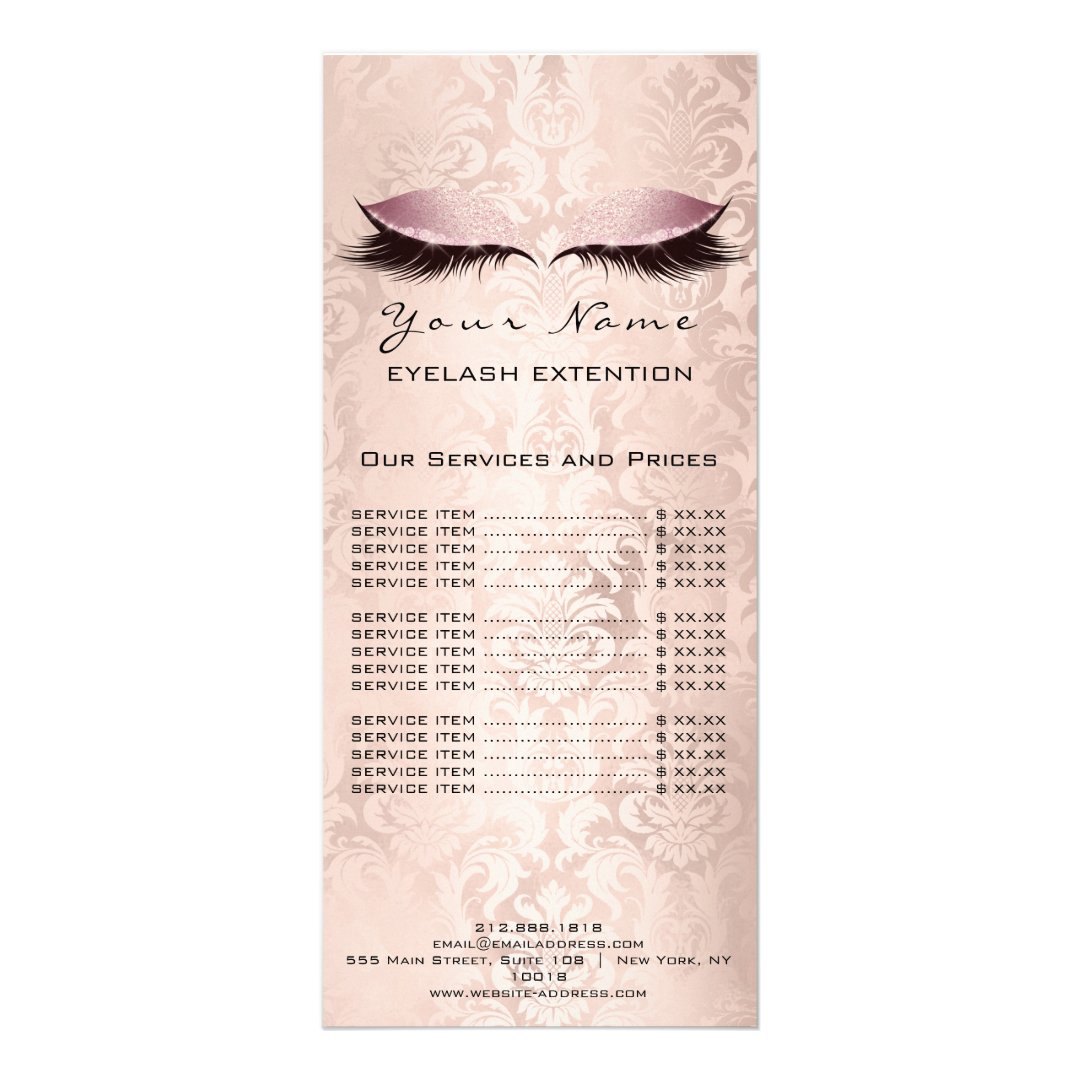 Price List Lashes Extension Makeup Damask Pink SPA Rack Card | Zazzle