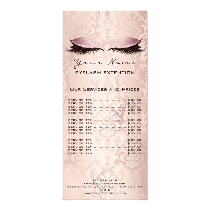 Price List Lashes Extension Makeup Damask Pink SPA Rack Card | Zazzle