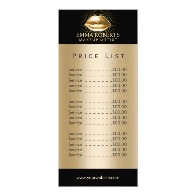 Price List | Makeup Artist Gold Lips Beauty Salon Rack Card | Zazzle