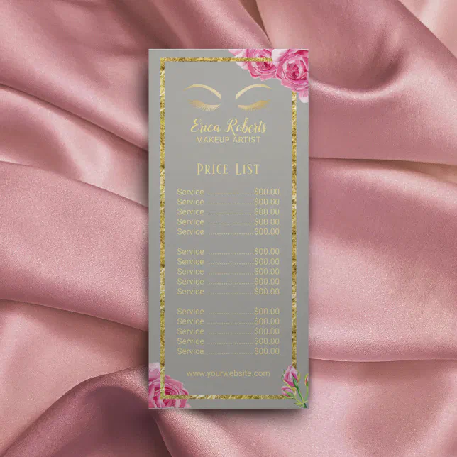 Price List | Makeup Artist Vintage Floral Grey Rack Card | Zazzle